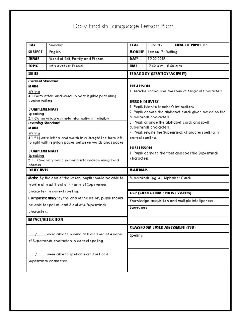 Daily English Language Lesson Plan: Content Standard | PDF | Spelling ...