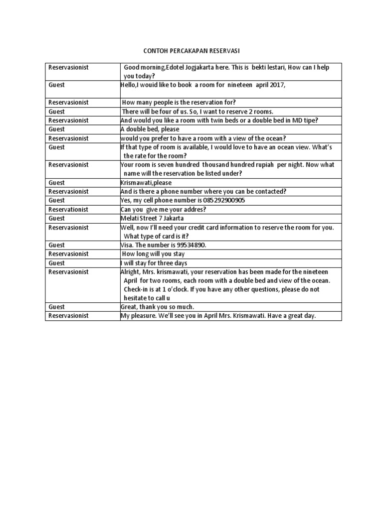 Contoh Percakapan Reservasi | PDF | Business