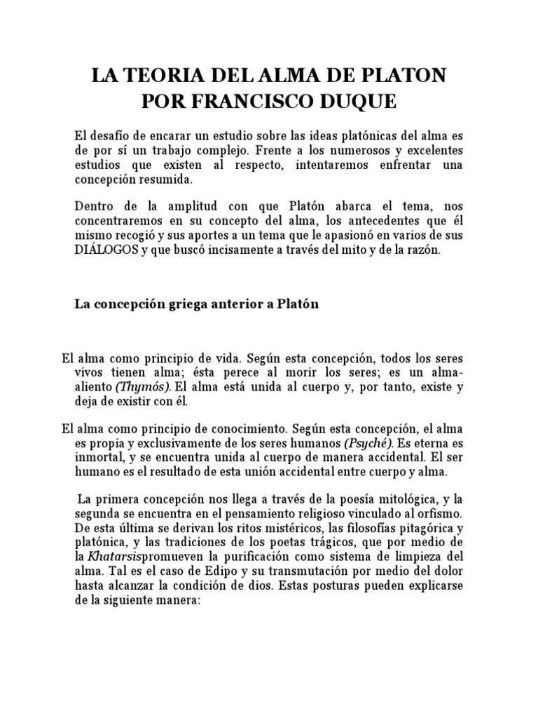 La Teoria Del Alma de Platon Por Francisco Duque | PDF | Alma | Platón