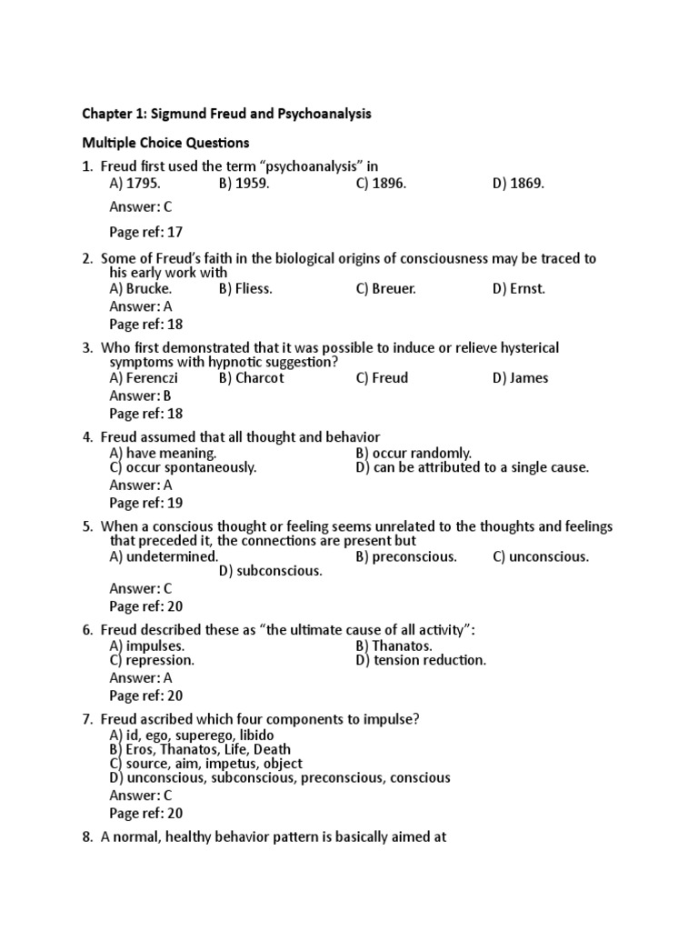 Freud's Psychoanalysis: Key Concepts Quiz | PDF | Id | Sigmund Freud