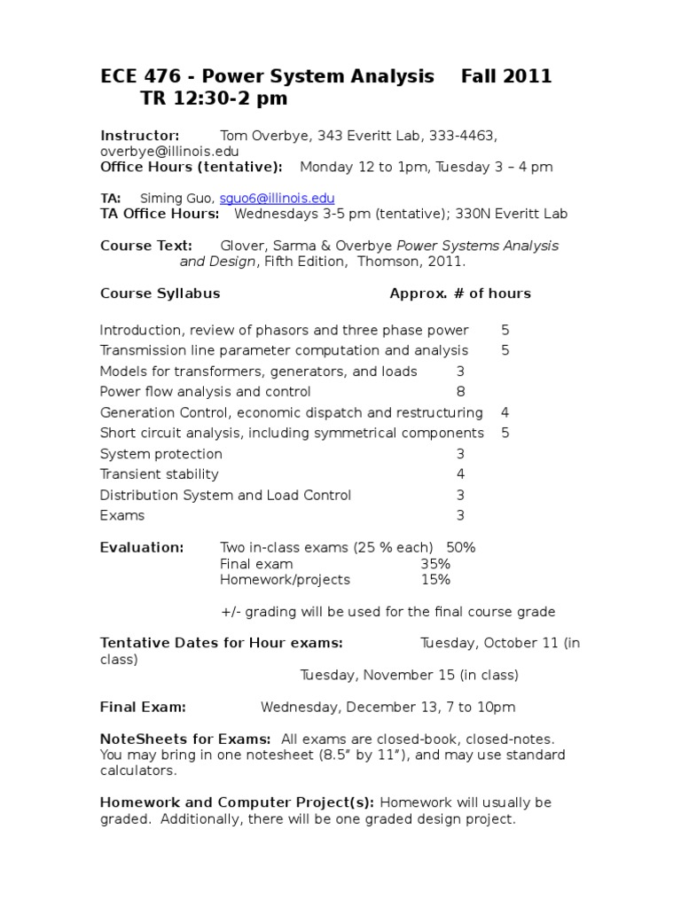 ECE 476 - Power System Analysis Fall 2011 TR 12:30-2 PM: and Design ...