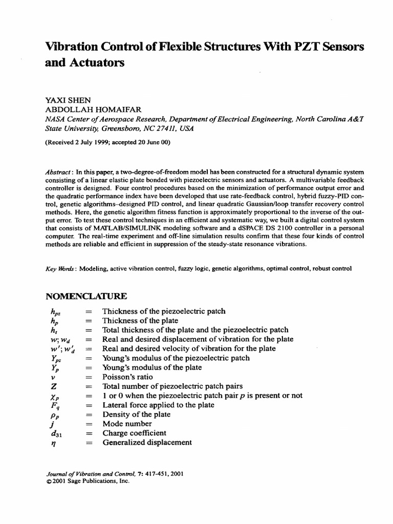 Vibration Control of Flexible Structures With PZT Sensors and Actuators ...