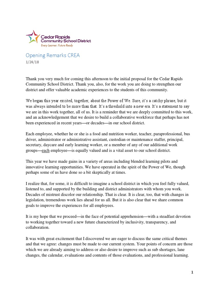 Opening Remarks 2018 Final CREA | Employment | Leadership