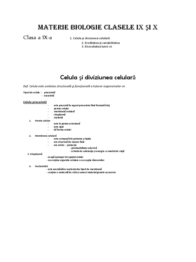MATERIE BIOLOGIE Clasele IX Şi A Xa PDF | PDF