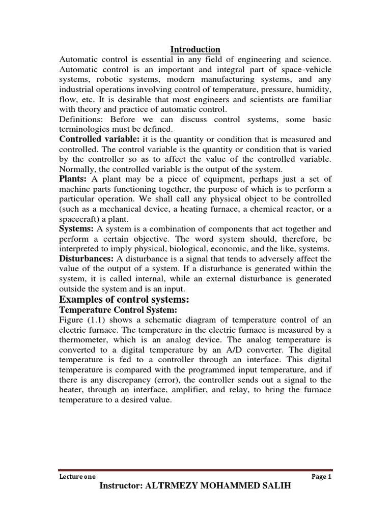 Examples of Control Systems:: Lecture One | PDF | Control Theory ...