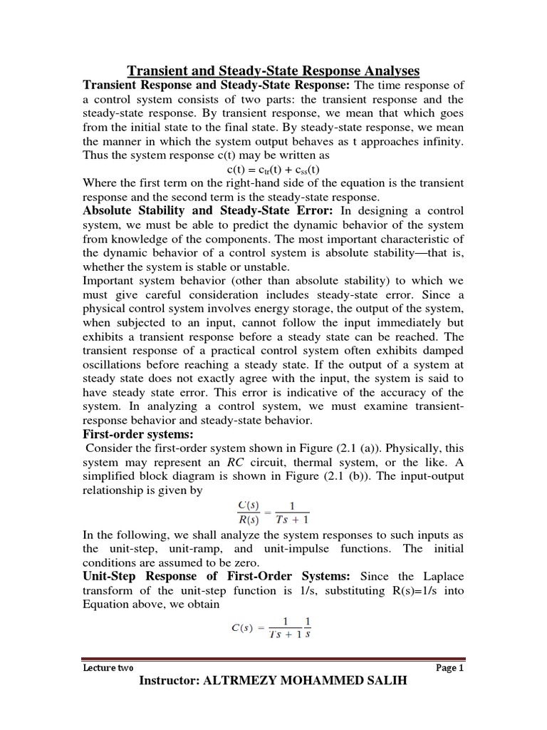 Transient and Steady-State Response Analyses: TR Ss | PDF | Steady ...