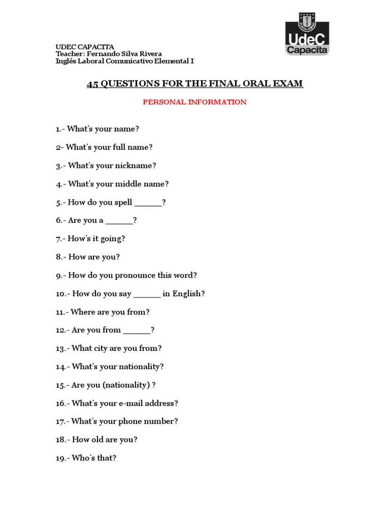 45 Questions For The Final Oral Exam | PDF