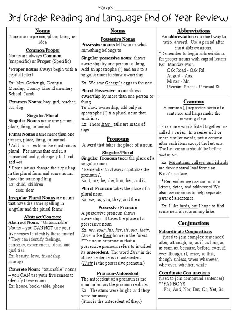 3rd Grade Ela Review | PDF | Grammatical Number | Verb