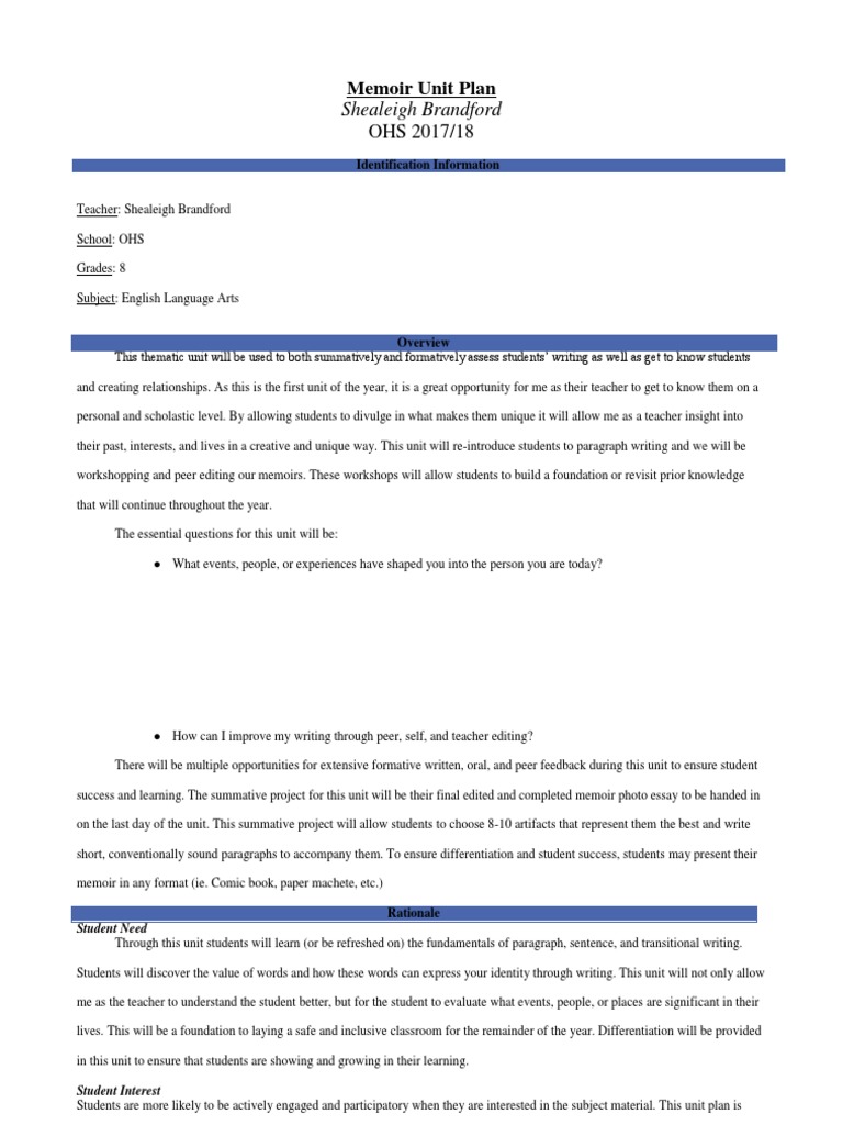 Autobiography Unit Plan | PDF | Educational Assessment | Cognition