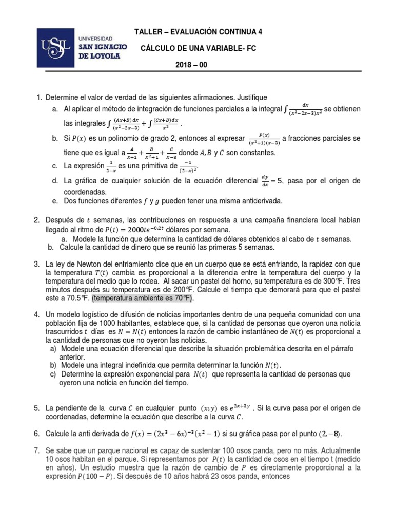 Taller pc4 c1v2018 00 | PDF | Integral | Enseñanza de matemática
