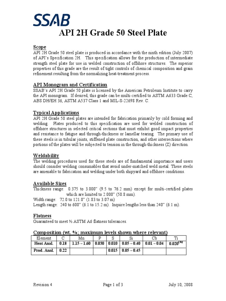 Caracteristicas API 2HGr50 PDF | PDF | Structural Steel | Welding