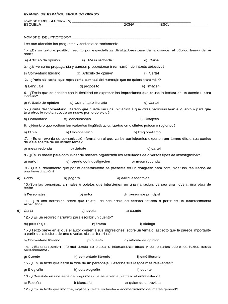 Examen de Español para Segundo Grado | PDF | Cuentos | Novelas