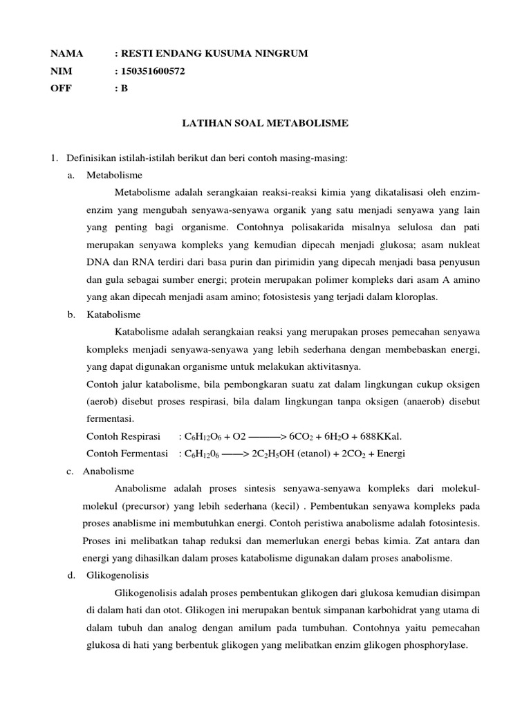 Latihan Soal Metabolisme | PDF