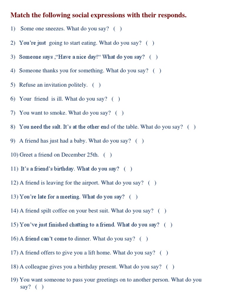 Match The Following Social Expressions With Their Responds | PDF