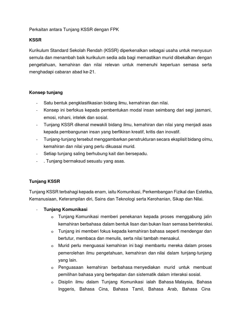 Perkaitan Antara Tunjang KSSR Dengan FPK | PDF