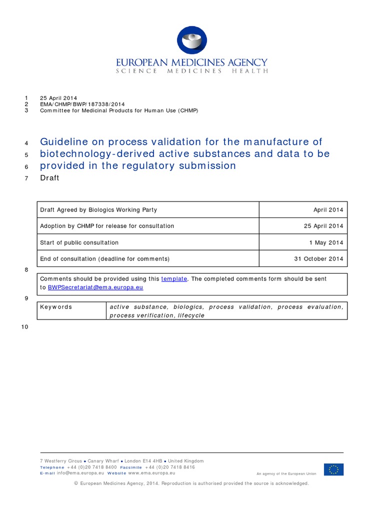 Guideline On Process Validation For The Manufacture Biotec - EMA | PDF | Verification And ...