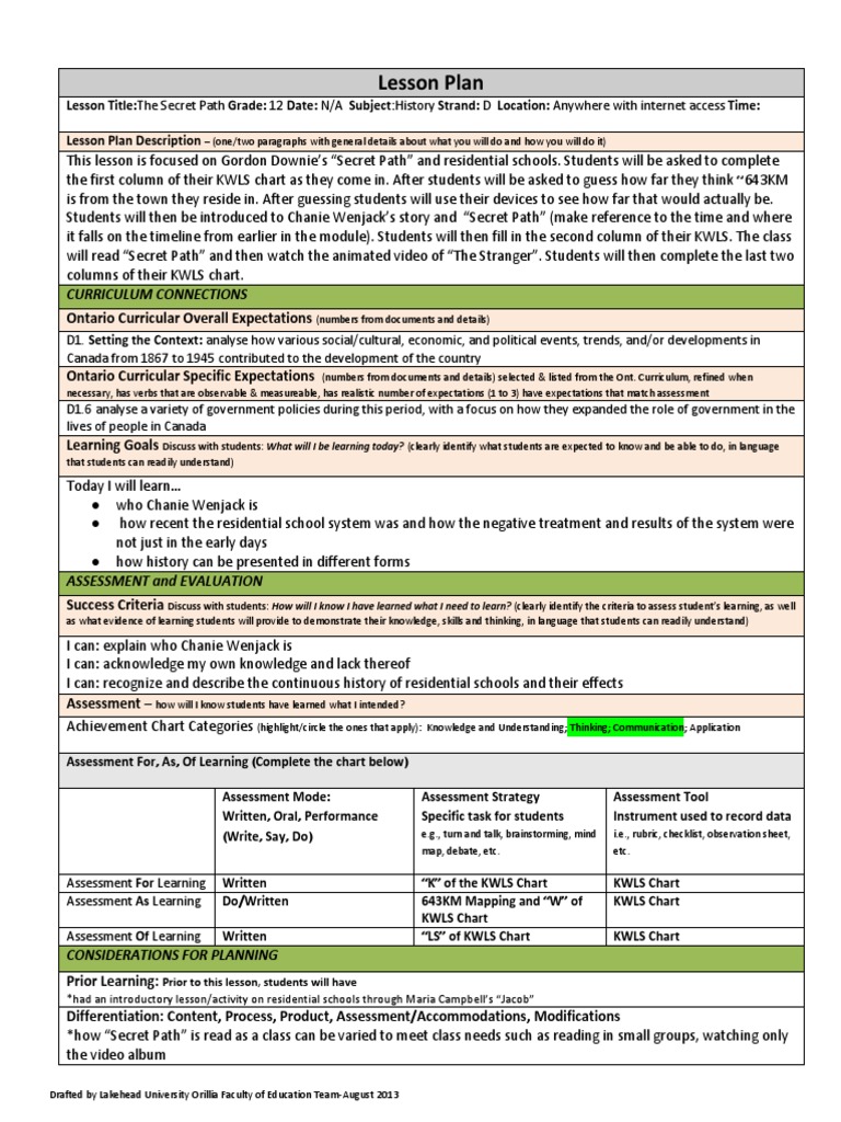 Secret Path Lesson Plan | PDF | Educational Assessment | Curriculum
