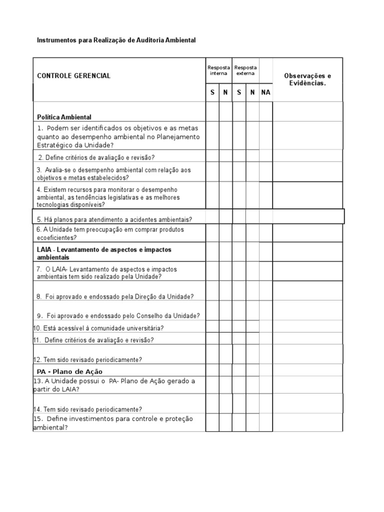 Check List Auditoria Ambiental | Gestão de Recursos Ambientais ...