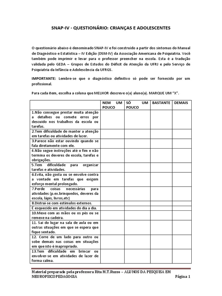 Snap IV | Transtorno de Déficit de Atenção e Hiperatividade | Campos ...