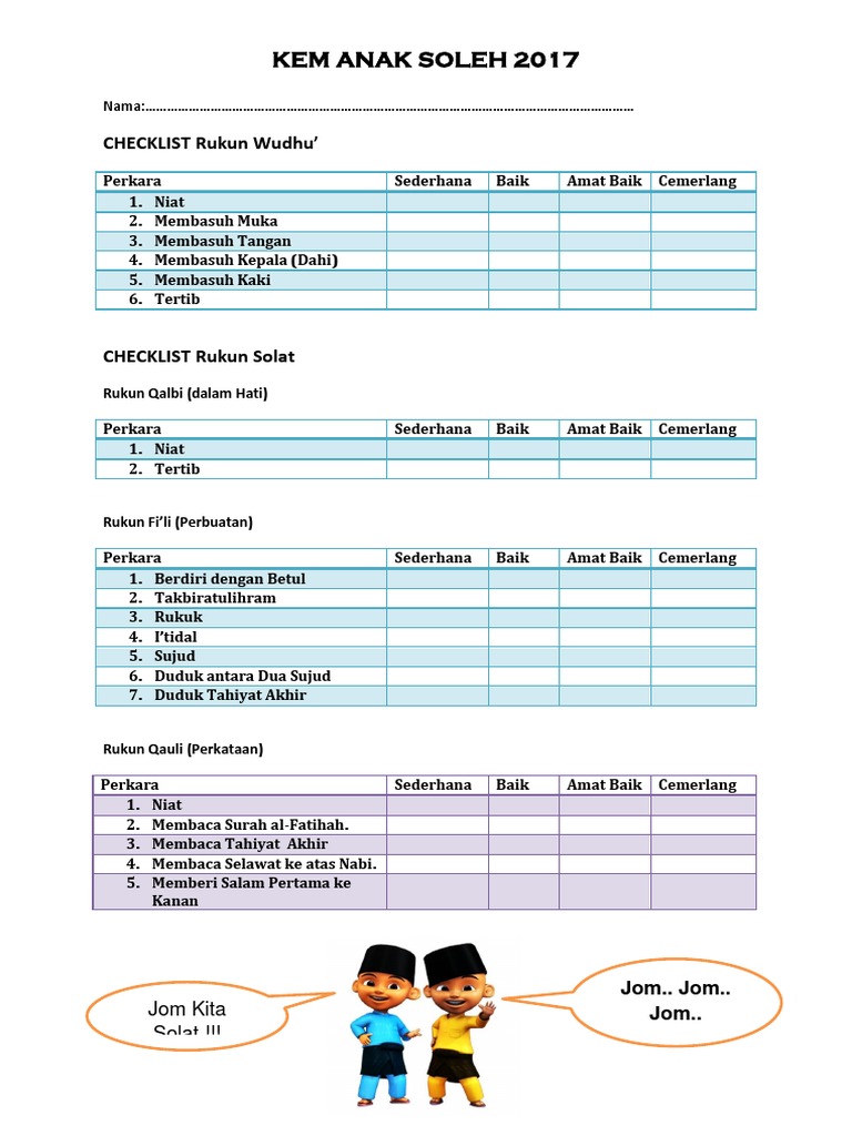 Checklist Rukun Solat KAS 2017 | PDF