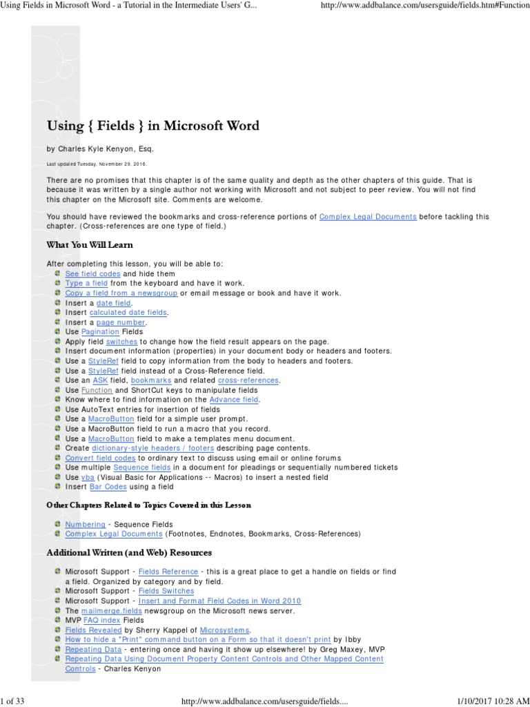 Using Fields in Microsoft Word - A Tutorial in The Intermediate Users ...