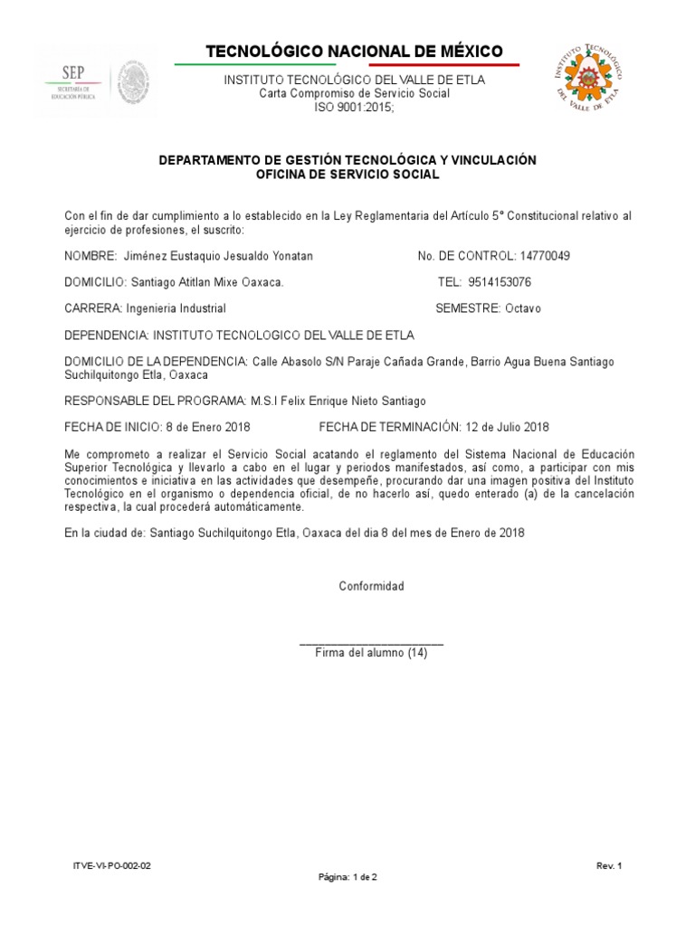 Itve Vi Po 002 02 Carta Compromiso Servicio Social | PDF | Gobierno