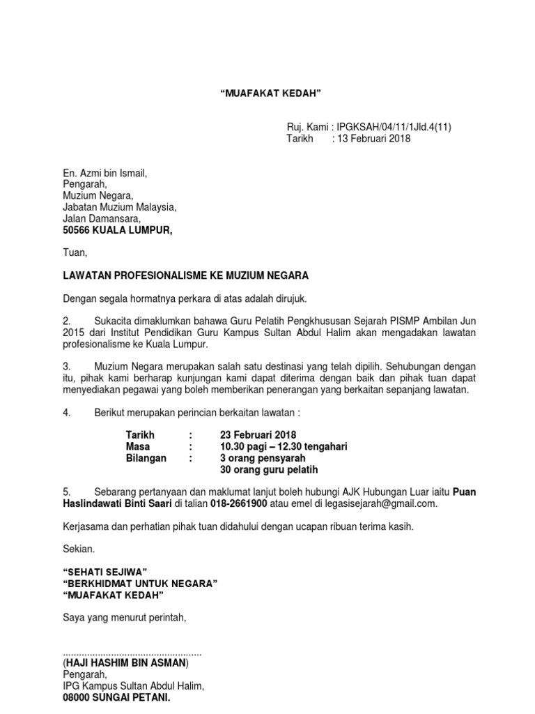 Contoh Surat Lawatan Profesionalisme Ke Muzium Negara | PDF