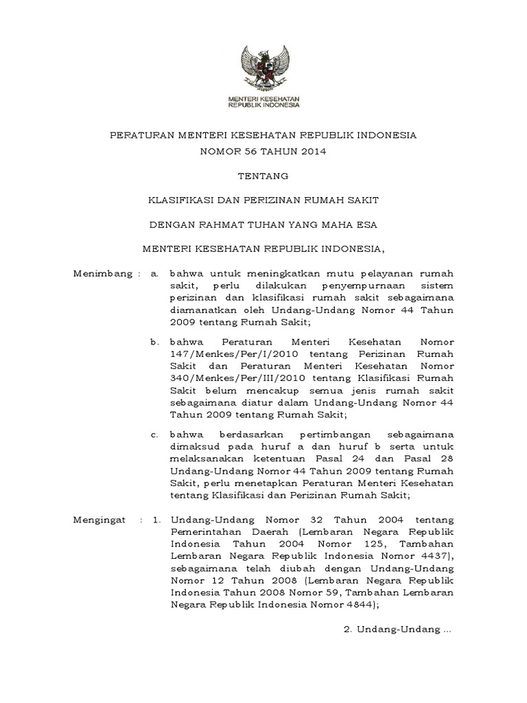 42 PMK No. 56 TTG Klasifikasi Dan Perizinan Rumah Sakit PDF | PDF