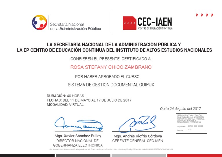 Certificado de Curso Virtual 2017 | PDF