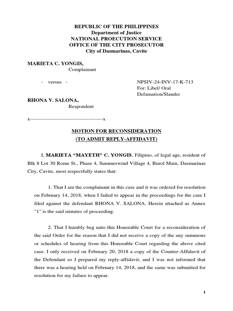 Motion For Recon Mayeth | PDF | Defamation | Legal Procedure