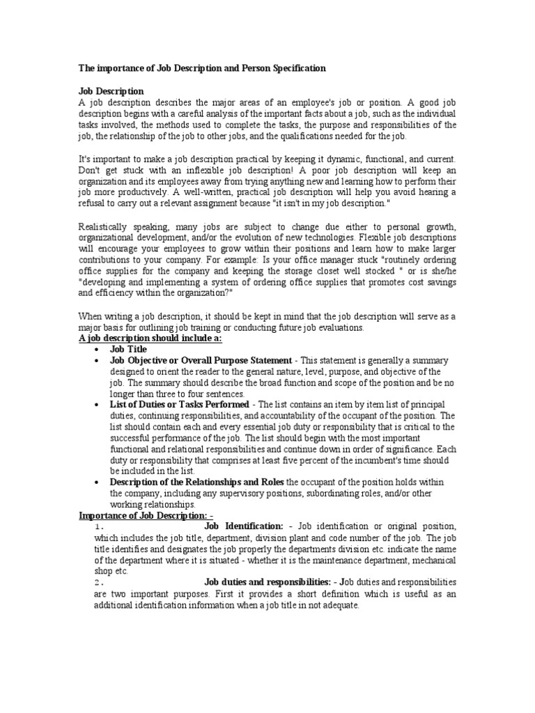 Importance of Job Descriptions & Specifications | PDF | Employment ...