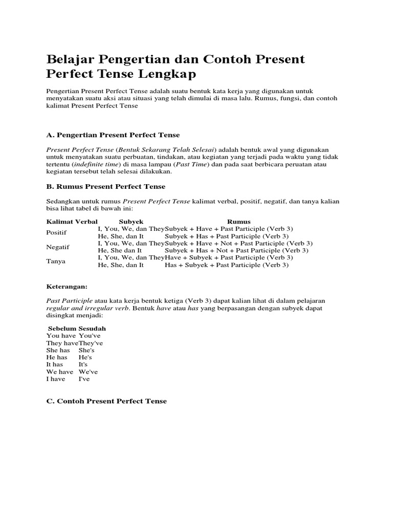 Belajar Pengertian Dan Contoh Present Perfect Tense Lengkap | PDF