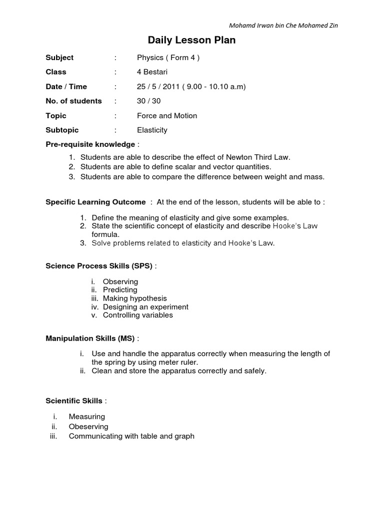 Daily Lesson Plan: Subject Class Date / Time No. of Students Topic ...