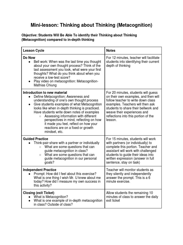 Mini Lesson Metacognition | PDF | Metacognition | Thought