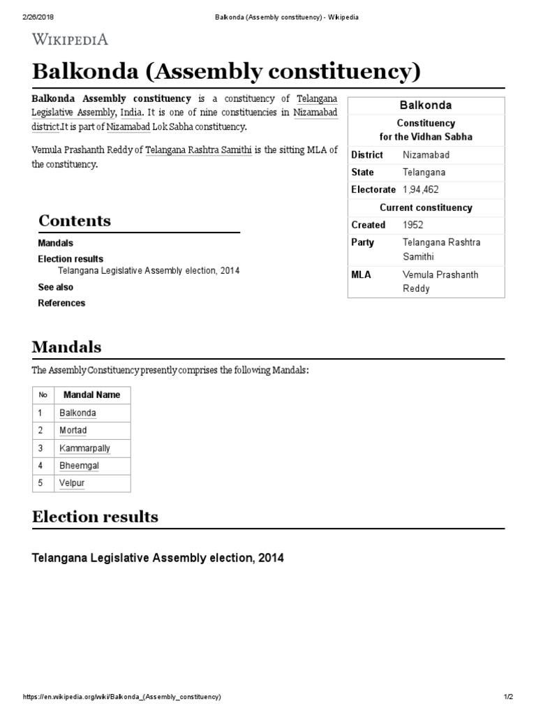 Balkonda (Assembly Constituency With Mandals) - Wikipedia PDF | PDF | Electoral District | Wikipedia
