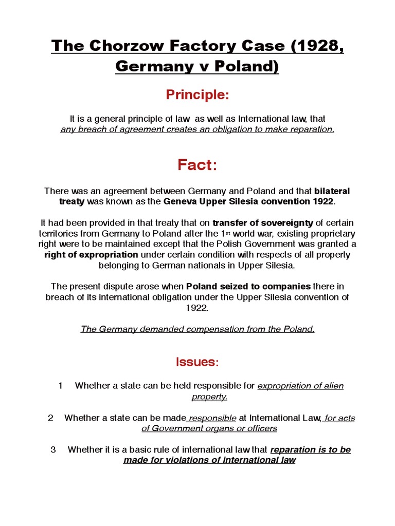 The Chorzow Factory Case (1928, Germany V Poland) : Fact | PDF ...