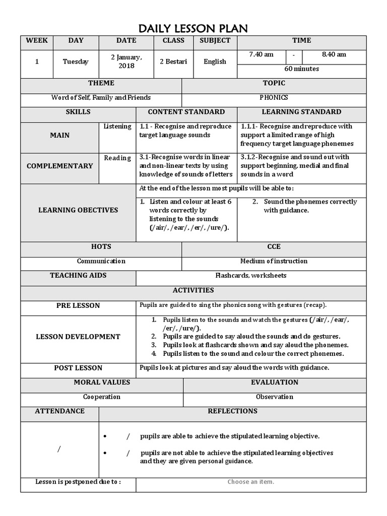 Daily Lesson Plan: Week DAY Date Class Subject Time | PDF | Phonics ...