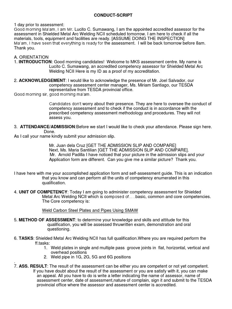 CONDUCT SCRIPT General | PDF | Educational Assessment | Welding