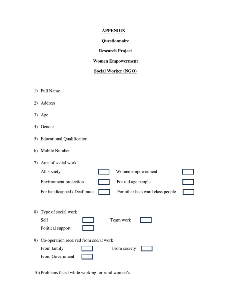 Questionnaire Research Project Women Empowerment Social Worker (NGO ...