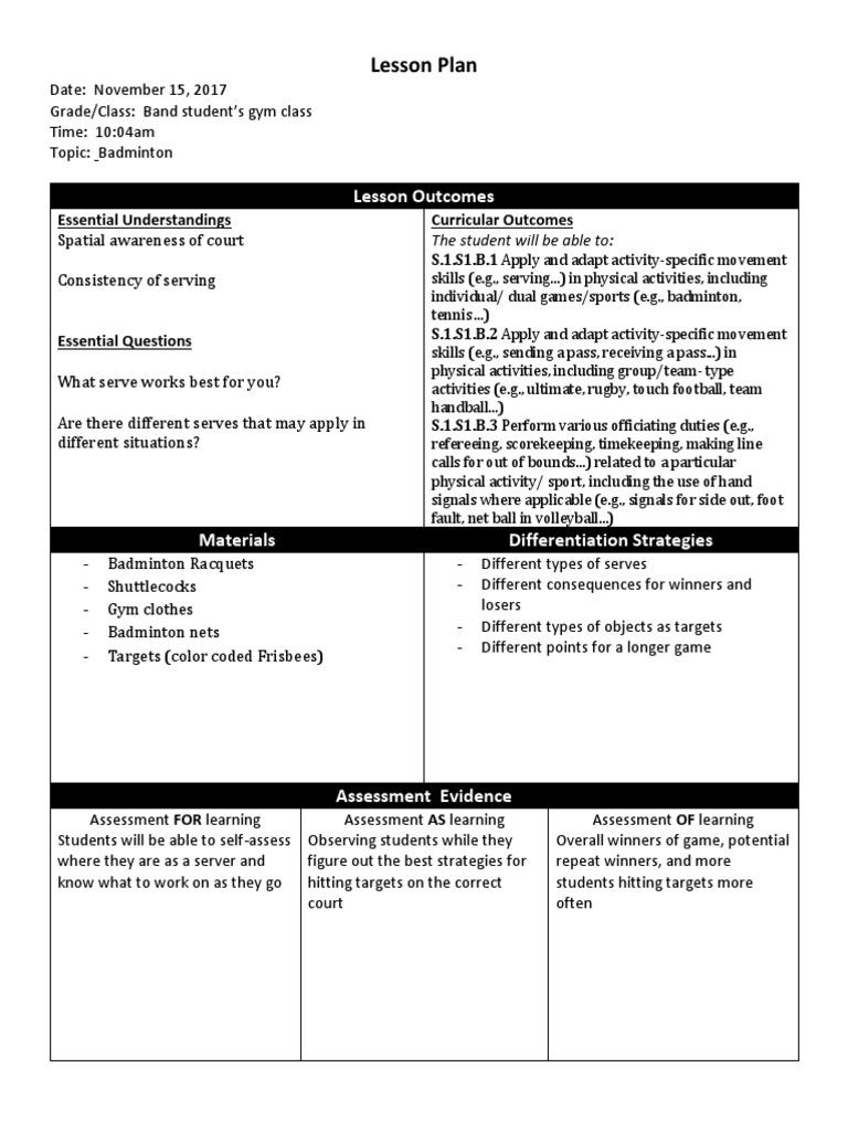 Badminton Lesson Plan for Beginners | PDF | Educational Assessment | Sports