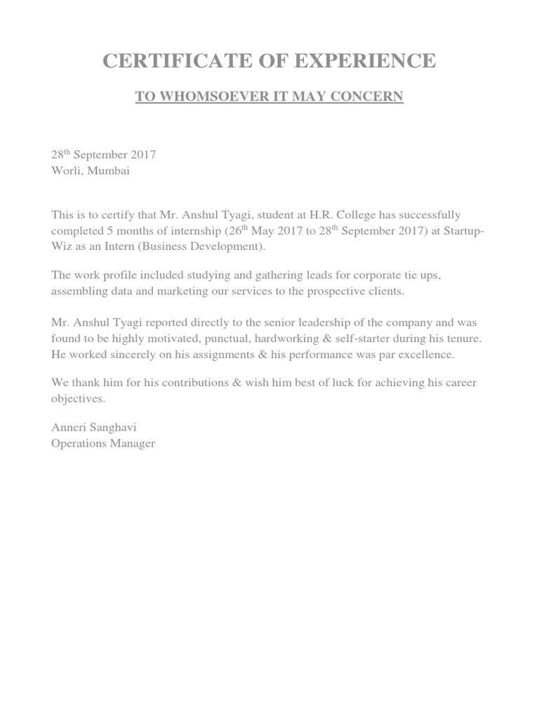 Certificate of Experience: To Whomsoever It May Concern | PDF