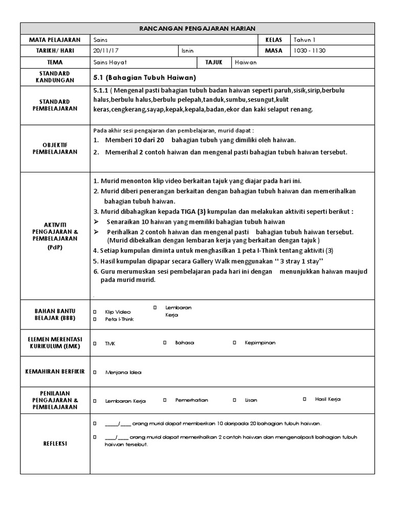 Rancangan Pengajaran Harian Pak 21 - Sains t1 | PDF