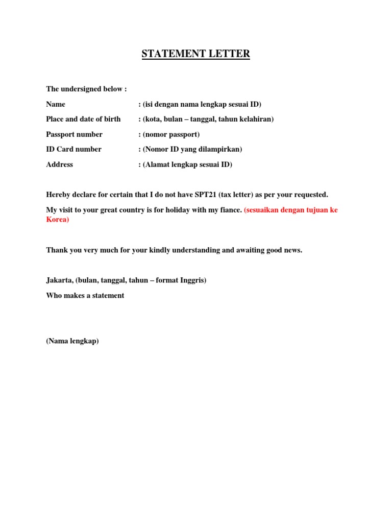 Statement Letter Surat Pernyataan SPT Visa Korea | PDF | Law