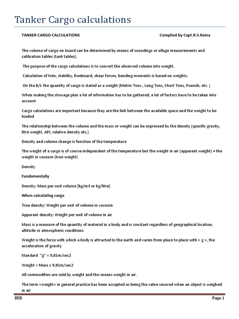 Tanker Cargo Calculations Jan-2018 2019 | PDF | Density | Units Of ...