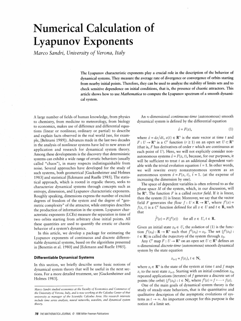 Numerical Calculation of Lyapunov Exponents PDF | PDF