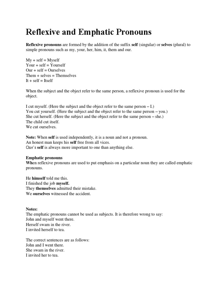 Reflexive vs. Emphatic Pronouns Guide | PDF | Pronoun | Syntax