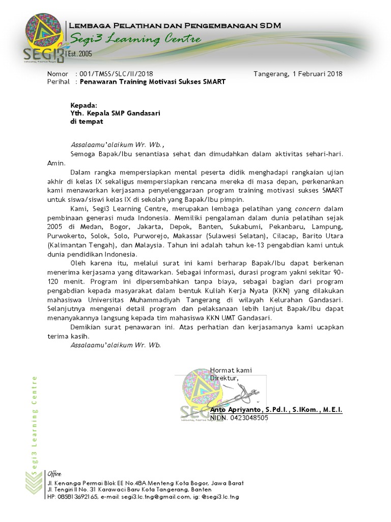 Contoh Surat Penawaran Training Motivasi SMART | PDF