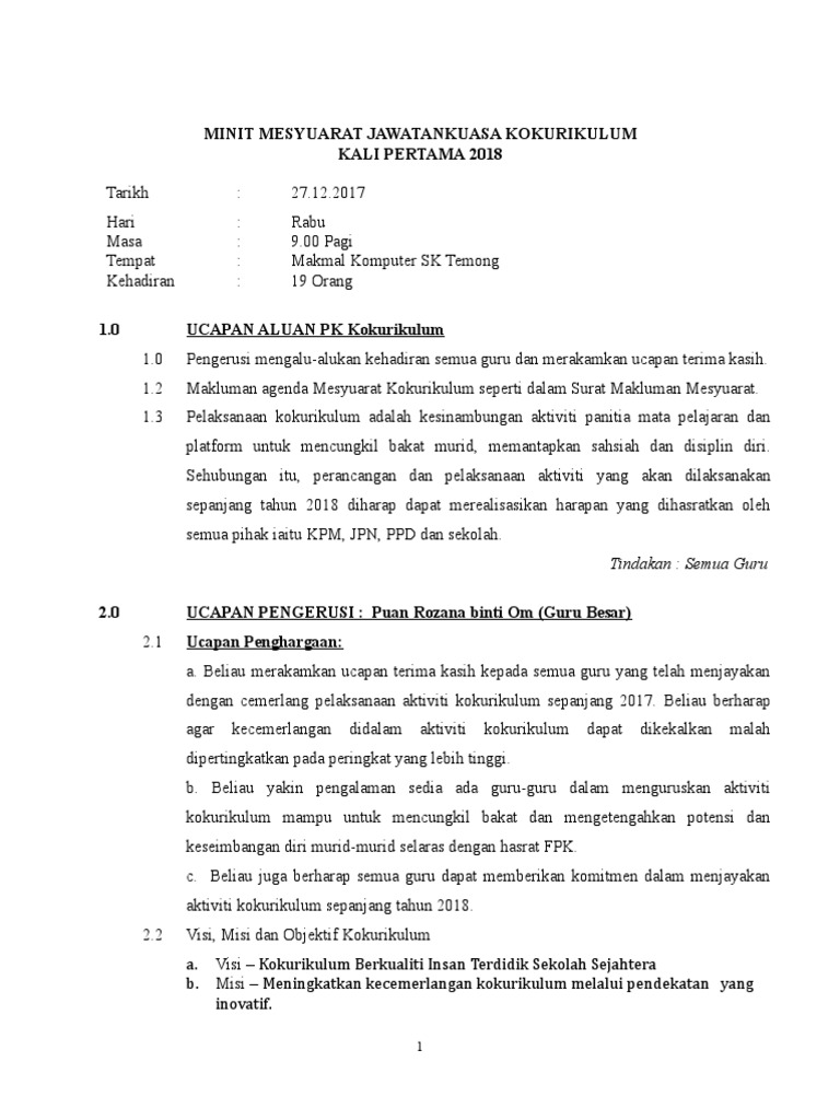 Minit Mesyuarat Jawatankuasa Kokurikulum Kali Pertama 2018 | PDF