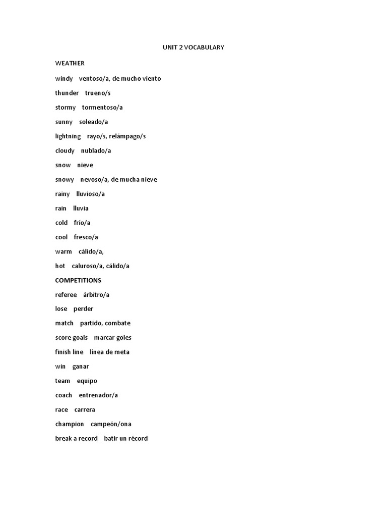 Vocabulario de Clima y Competencias | PDF | Deportes y actividades al ...