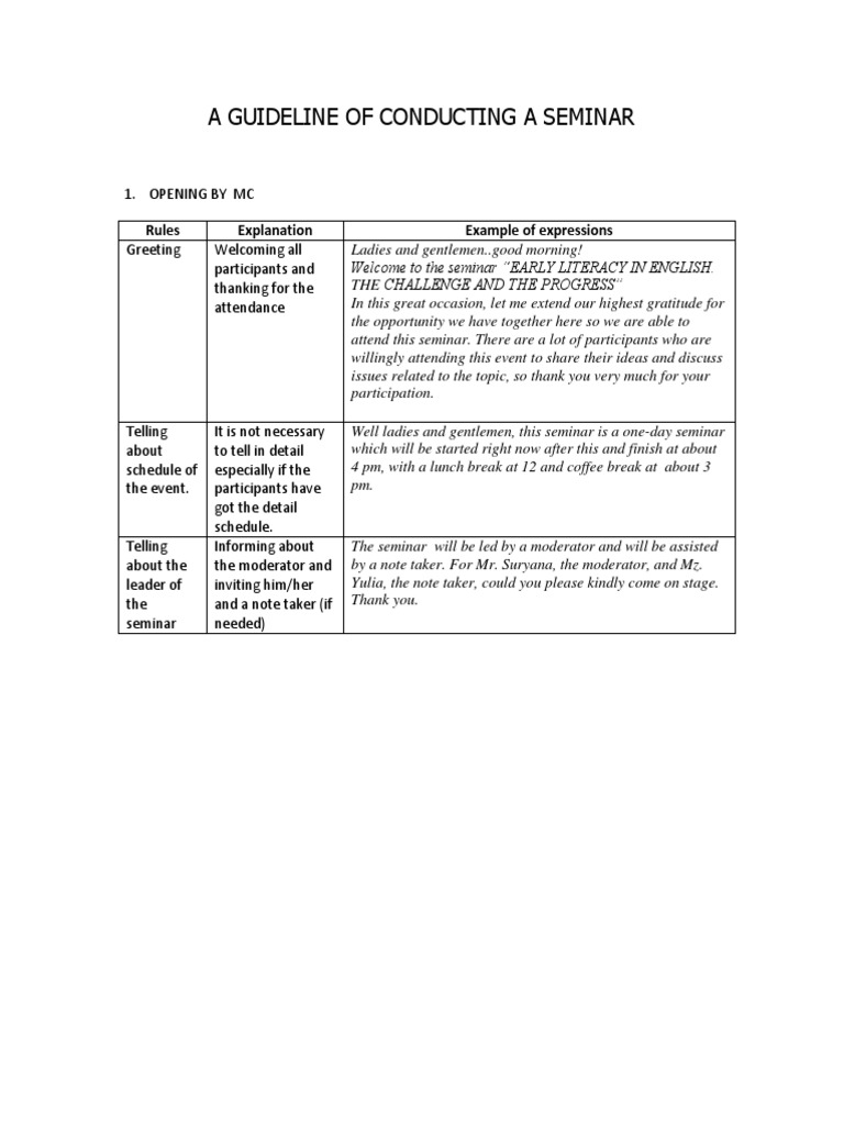 A Guideline of Conducting A Seminar: Rules Explanation Example of ...